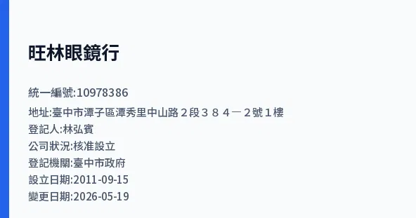 旺林眼鏡行的照片-統編 10978386(臺中市) 公司登記資料與營業項目詳細圖表