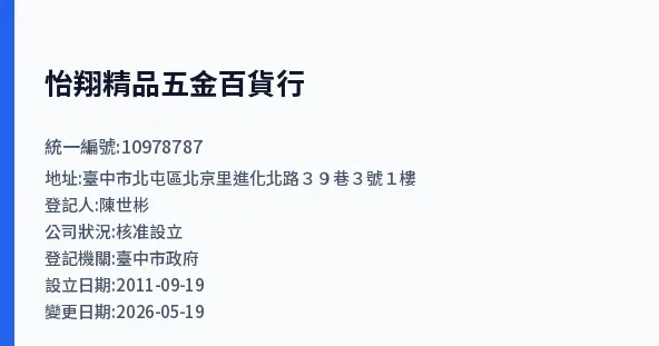 怡翔精品五金百貨行的照片-統編 10978787(臺中市) 公司登記資料與營業項目詳細圖表