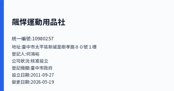 飆悍運動用品社的照片-統編 10980257(臺中市) 公司登記資料與營業項目詳細圖表