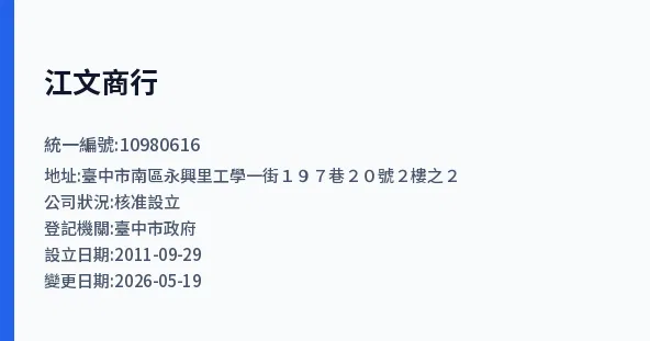 江文商行的照片-統編 10980616(臺中市) 公司登記資料與營業項目詳細圖表