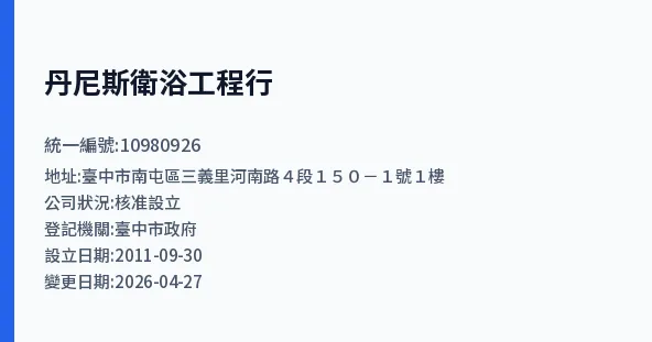 丹尼斯衛浴工程行的照片-統編 10980926(臺中市) 公司登記資料與營業項目詳細圖表