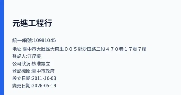 元進工程行的照片-統編 10981045(臺中市) 公司登記資料與營業項目詳細圖表