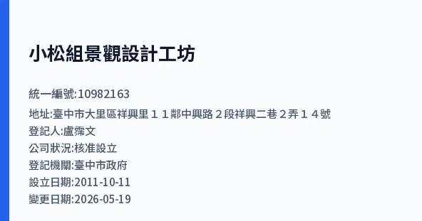 小松組景觀設計工坊的照片-統編 10982163(臺中市) 公司登記資料與營業項目詳細圖表