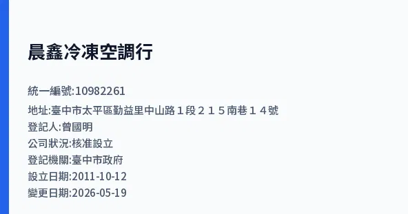 晨鑫冷凍空調行的照片-統編 10982261(臺中市) 公司登記資料與營業項目詳細圖表