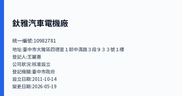 釱雅汽車電機廠的照片-統編 10982781(臺中市) 公司登記資料與營業項目詳細圖表