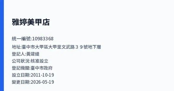 雅婷美甲店的照片-統編 10983368(臺中市) 公司登記資料與營業項目詳細圖表