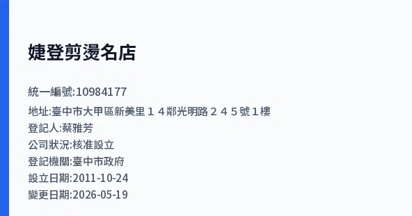 婕登剪燙名店的照片-統編 10984177(臺中市) 公司登記資料與營業項目詳細圖表