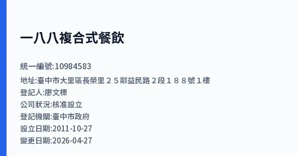 一八八複合式餐飲的照片-統編 10984583(臺中市) 公司登記資料與營業項目詳細圖表