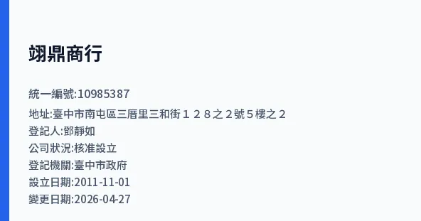 翊鼎商行的照片-統編 10985387(臺中市) 公司登記資料與營業項目詳細圖表