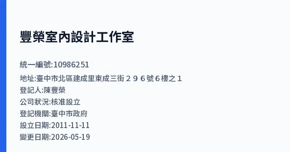 豐榮室內設計工作室的照片-統編 10986251(臺中市) 公司登記資料與營業項目詳細圖表