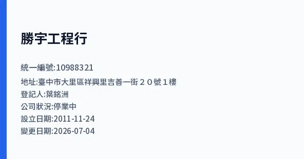 勝宇工程行的照片-統編 10988321(臺中市) 公司登記資料與營業項目詳細圖表
