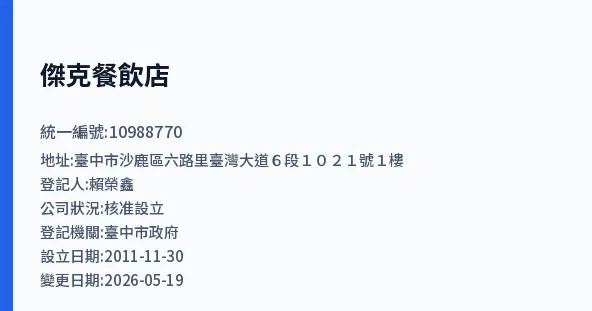 傑克餐飲店的照片-統編 10988770(臺中市) 公司登記資料與營業項目詳細圖表