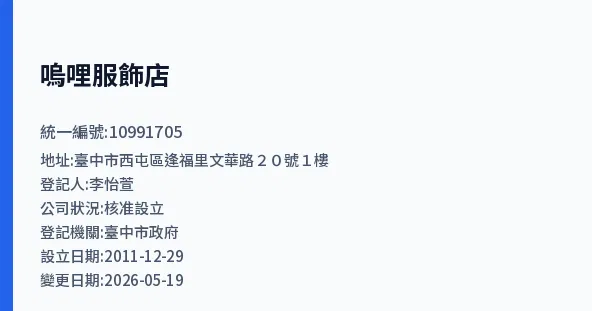 嗚哩服飾店的照片-統編 10991705(臺中市) 公司登記資料與營業項目詳細圖表