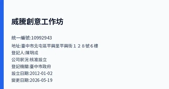威騰創意工作坊的照片-統編 10992943(臺中市) 公司登記資料與營業項目詳細圖表