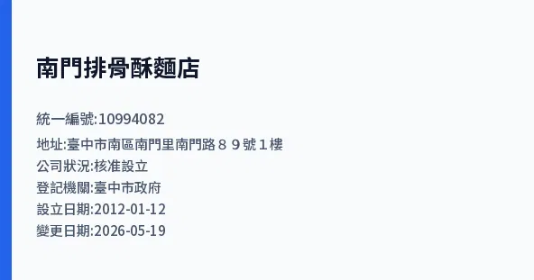 南門排骨酥麵店的照片-統編 10994082(臺中市) 公司登記資料與營業項目詳細圖表