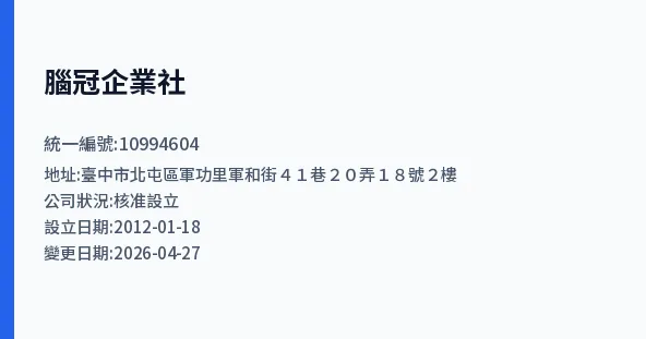 腦冠企業社的照片-統編 10994604(臺中市) 公司登記資料與營業項目詳細圖表