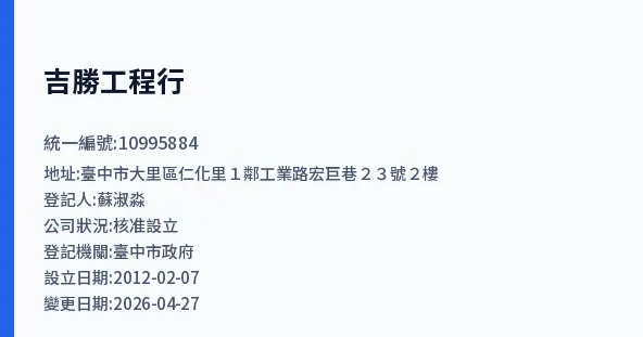 吉勝工程行的照片-統編 10995884(臺中市) 公司登記資料與營業項目詳細圖表