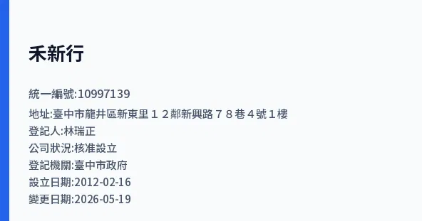 禾新行的照片-統編 10997139(臺中市) 公司登記資料與營業項目詳細圖表