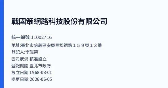 戰國策網路科技股份有限公司的照片-統編 11002716(臺北市) 公司登記資料與營業項目詳細圖表