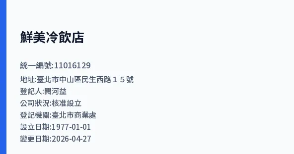 鮮美冷飲店的照片-統編 11016129(臺北市) 公司登記資料與營業項目詳細圖表