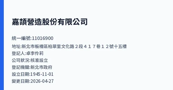 嘉頡營造股份有限公司的照片-統編 11016900(新北市) 公司登記資料與營業項目詳細圖表