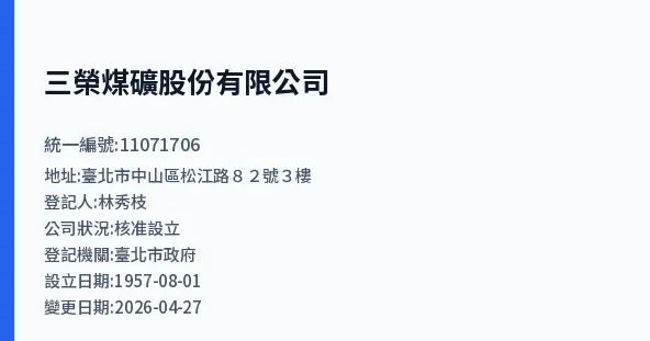 三榮煤礦股份有限公司的照片-統編 11071706(臺北市) 公司登記資料與營業項目詳細圖表