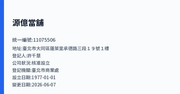源億當舖的照片-統編 11075506(臺北市) 公司登記資料與營業項目詳細圖表