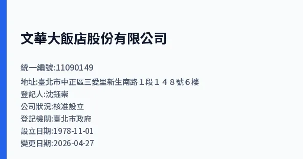 文華大飯店股份有限公司的照片-統編 11090149(臺北市) 公司登記資料與營業項目詳細圖表