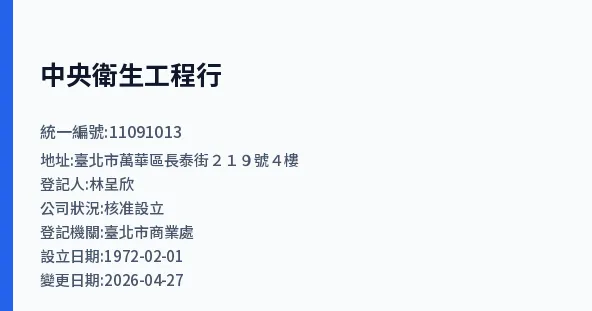 中央衛生工程行的照片-統編 11091013(臺北市) 公司登記資料與營業項目詳細圖表