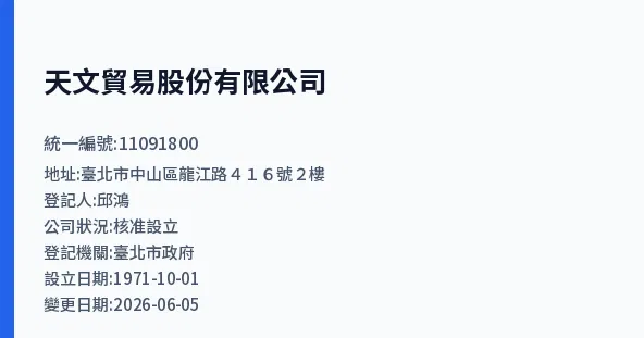 天文貿易股份有限公司的照片-統編 11091800(臺北市) 公司登記資料與營業項目詳細圖表
