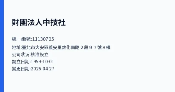 財團法人中技社的照片-統編 11130705(臺北市) 公司登記資料與營業項目詳細圖表