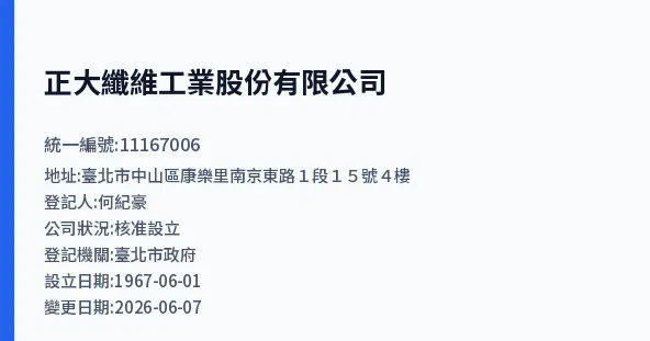 正大纖維工業股份有限公司的照片-統編 11167006(臺北市) 公司登記資料與營業項目詳細圖表