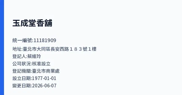 玉成堂香舖的照片-統編 11181909(臺北市) 公司登記資料與營業項目詳細圖表