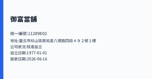御富當舖的照片-統編 11289802(臺北市) 公司登記資料與營業項目詳細圖表