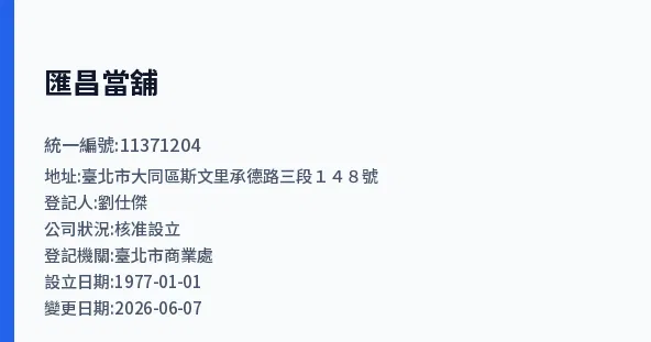 匯昌當舖的照片-統編 11371204(臺北市) 公司登記資料與營業項目詳細圖表