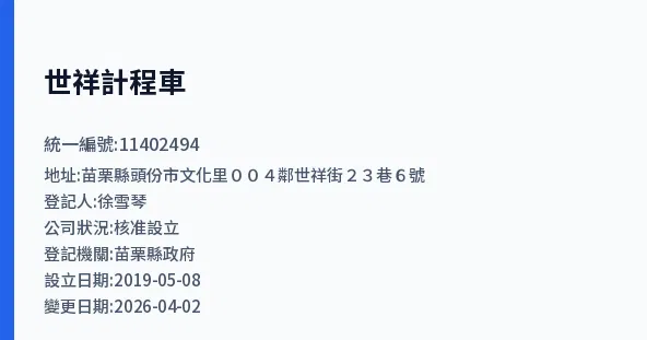 世祥計程車的照片-統編 11402494(苗栗縣) 公司登記資料與營業項目詳細圖表
