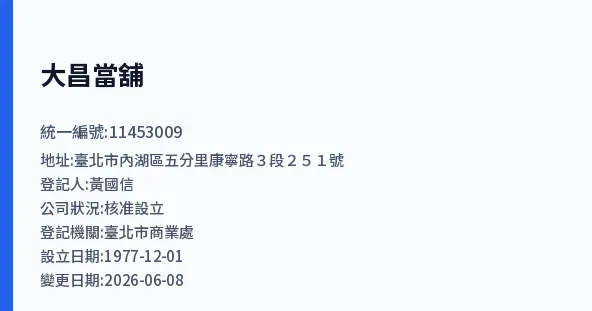 大昌當舖的照片-統編 11453009(臺北市) 公司登記資料與營業項目詳細圖表