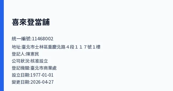 喜來登當舖的照片-統編 11468002(臺北市) 公司登記資料與營業項目詳細圖表
