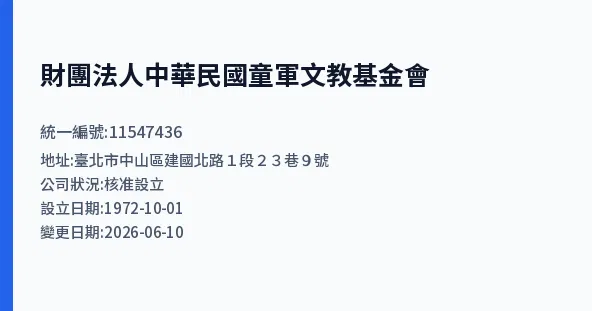 財團法人中華民國童軍文教基金會的照片-統編 11547436(臺北市) 公司登記資料與營業項目詳細圖表