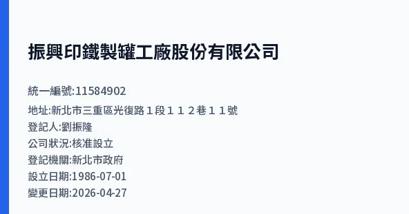 振興印鐵製罐工廠股份有限公司的照片-統編 11584902(新北市) 公司登記資料與營業項目詳細圖表