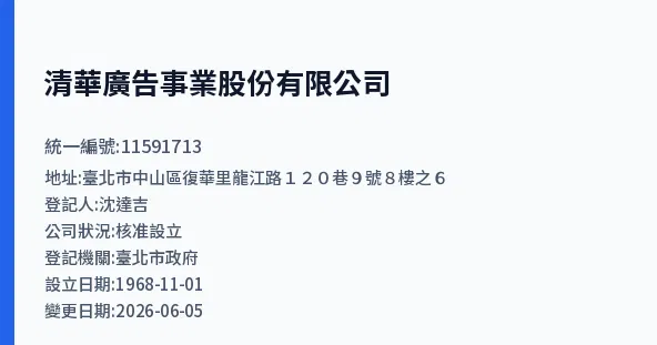清華廣告事業股份有限公司的照片-統編 11591713(臺北市) 公司登記資料與營業項目詳細圖表