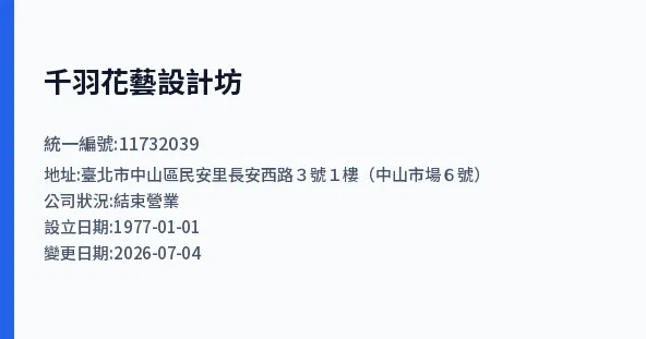 千羽花藝設計坊的照片-統編 11732039(臺北市) 公司登記資料與營業項目詳細圖表