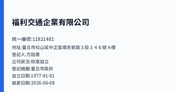 福利交通企業有限公司的照片-統編 11821481(臺北市) 公司登記資料與營業項目詳細圖表