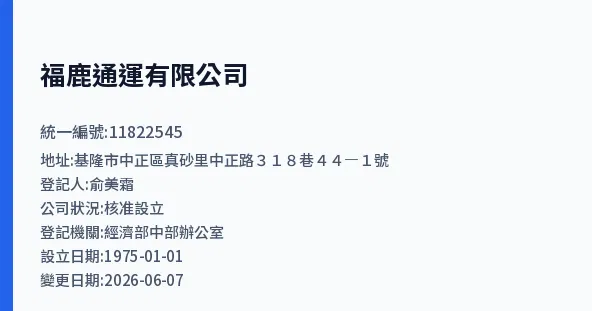 福鹿通運有限公司的照片-統編 11822545(基隆市) 公司登記資料與營業項目詳細圖表