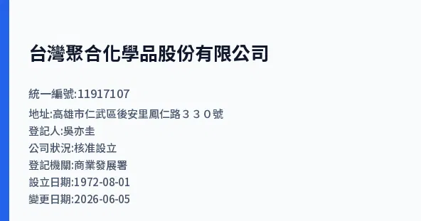 台灣聚合化學品股份有限公司的照片-統編 11917107(高雄市) 公司登記資料與營業項目詳細圖表