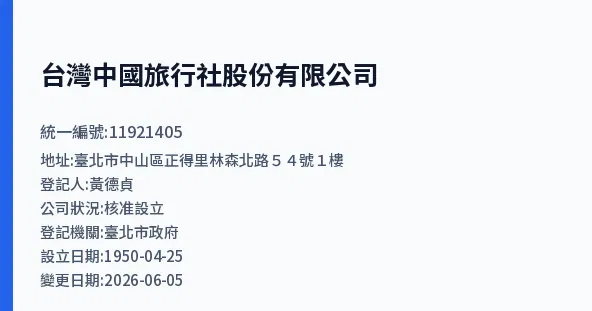台灣中國旅行社股份有限公司的照片-統編 11921405(臺北市) 公司登記資料與營業項目詳細圖表