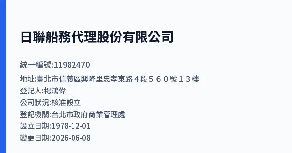 日聯船務代理股份有限公司的照片-統編 11982470(臺北市) 公司登記資料與營業項目詳細圖表