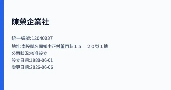陳榮企業社的照片-統編 12040837(南投縣) 公司登記資料與營業項目詳細圖表