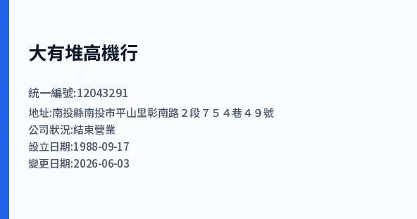 大有堆高機行的照片-統編 12043291(南投縣) 公司登記資料與營業項目詳細圖表