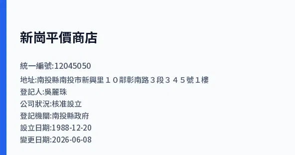 新崗平價商店的照片-統編 12045050(南投縣) 公司登記資料與營業項目詳細圖表